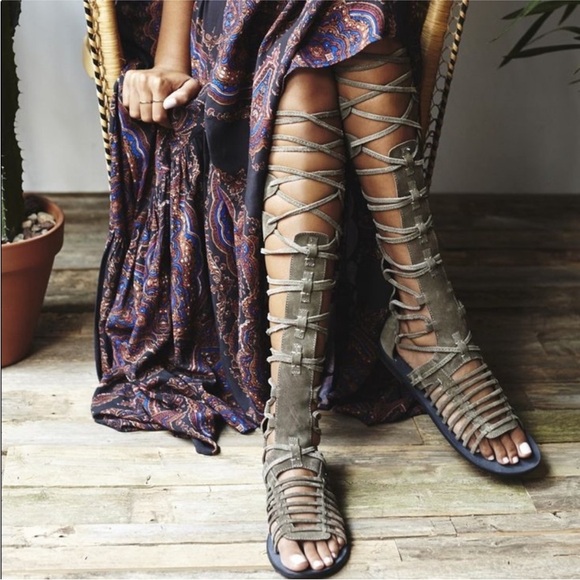 Free People | Shoes | Free People Sunseeker Knee High Olive Suede Lace ...